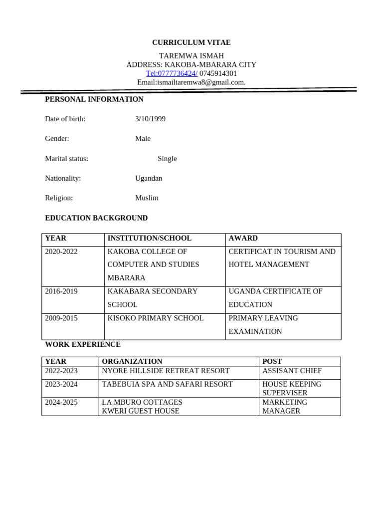 Curriculum Vita1 Taremwa Ismah | PDF