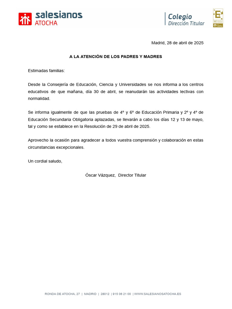 C14. Comunicado clases 30 de abril | PDF