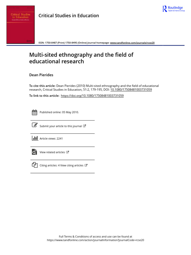 Multi-Sited Ethnography and The Field of Educational Research | PDF | Ethnography | World ...