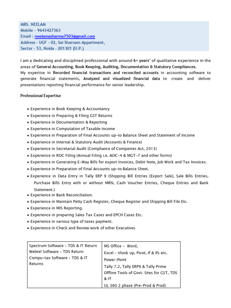 AY Resume - Neelam (Accounts) | PDF | Bookkeeping | Accounting