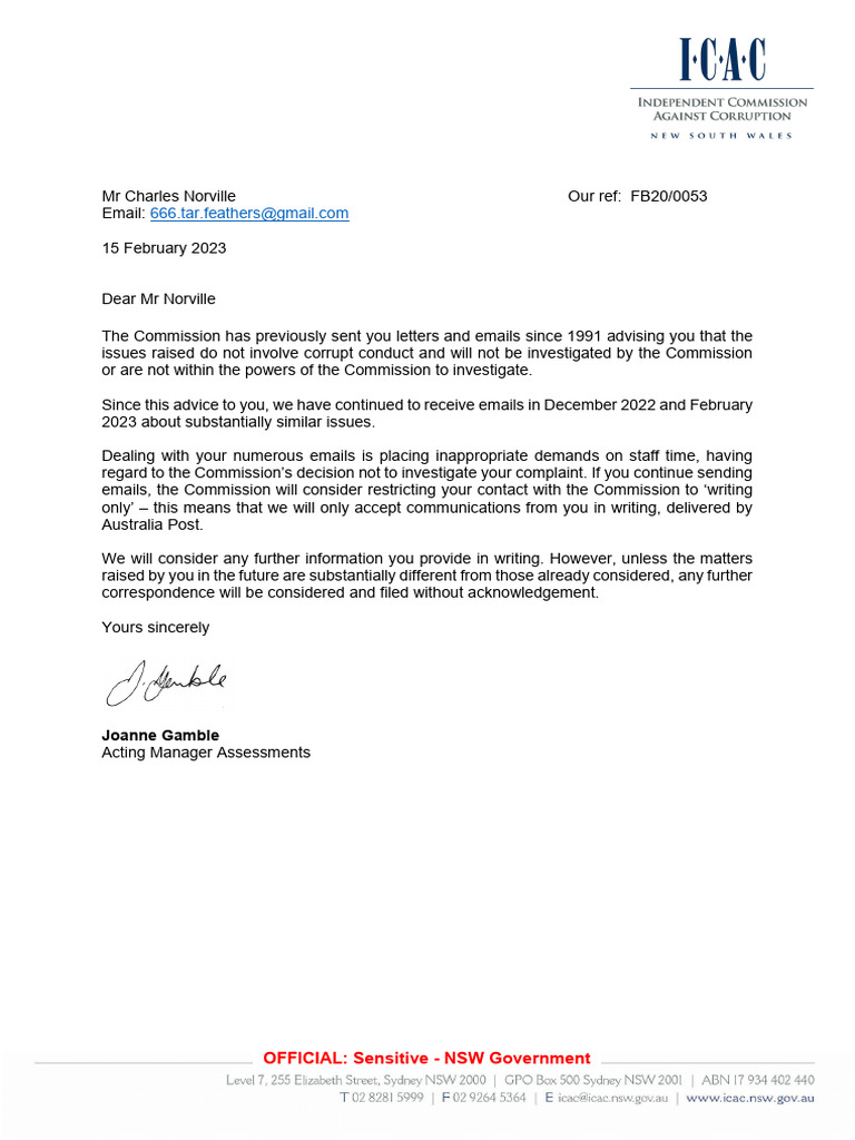 ICAC LETTER Persona Non Grata Letter to C Norville 15 Feb 2023 | PDF