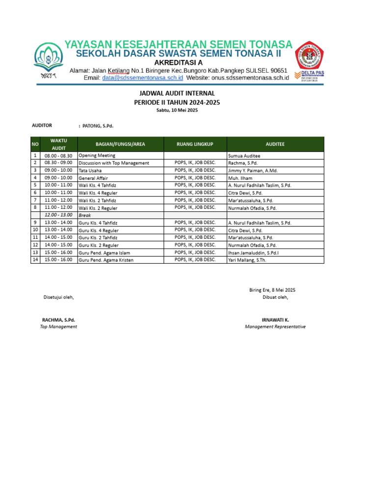 Jadwal Audit Internal 2024-2025 | PDF | Accounting