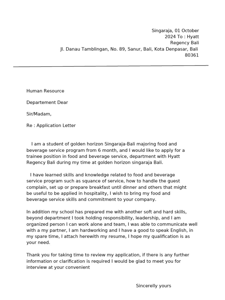 Trainee Application for F&B Service Position | PDF