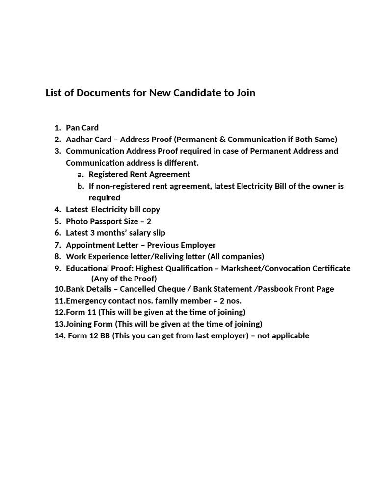 Joining Documents Checklist for Candidates | PDF
