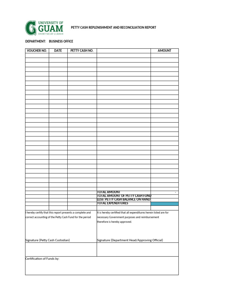 Petty Cash Replenishment and Reconciliation Report Form (2) | PDF