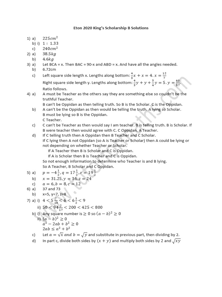 Eton College Kings Scholarship 2020 Maths B Solutions | PDF | Mathematics