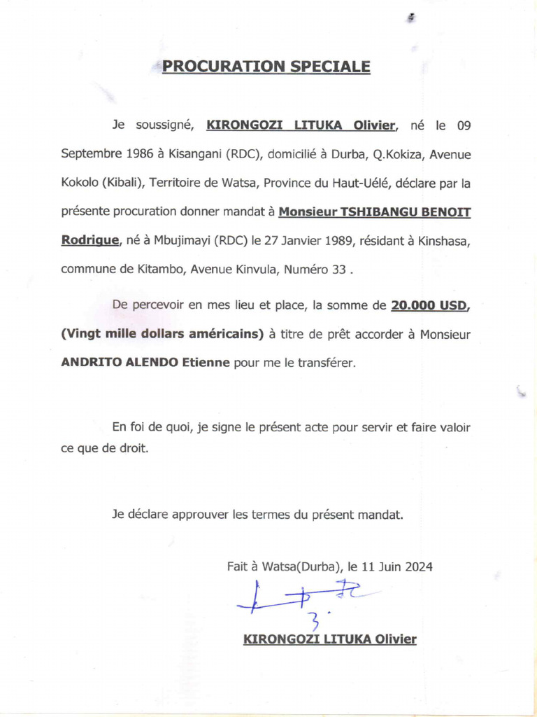 PROCURATION SPECIALE KIRONGOZI LITUKA Olivier | PDF