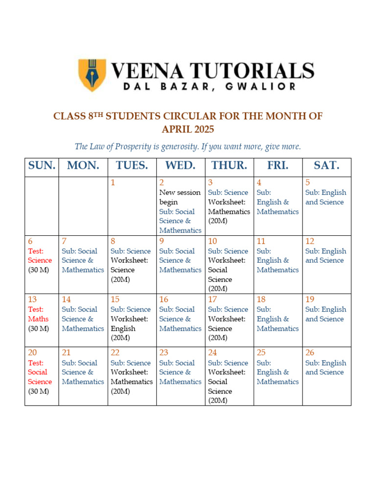 April 2025 Class 8 Circular & Schedule | PDF | Equations | Mathematical ...
