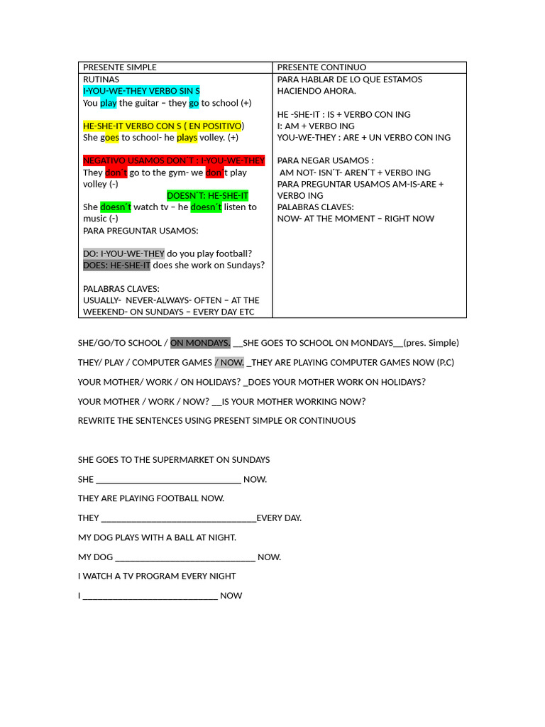 Presente Simple vs Continuous | PDF