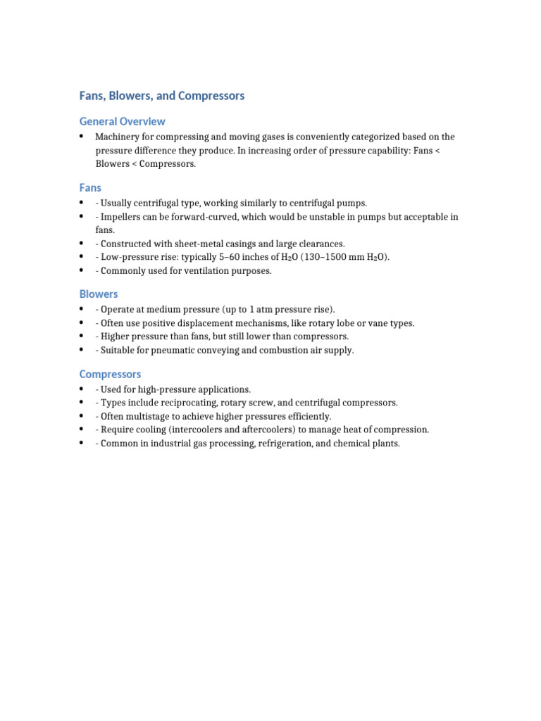 Fans Blowers Compressors Summary | PDF