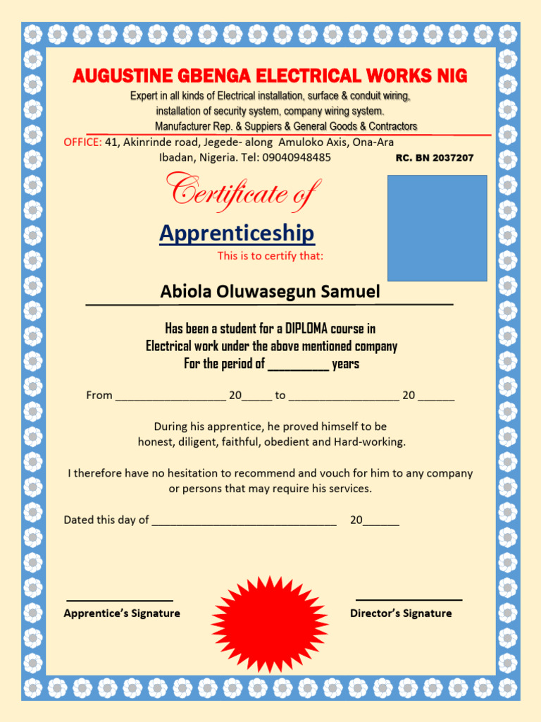 Certificate of Apprenticeship in Electrical Work | PDF