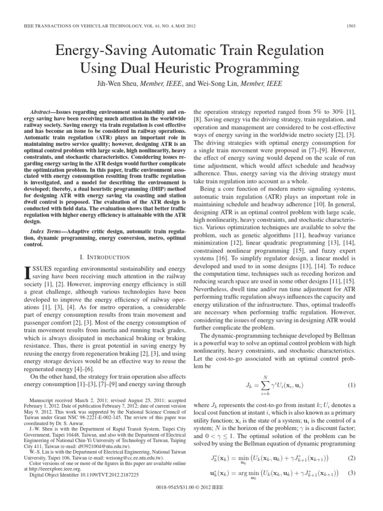 Energy-Saving Automatic Train Regulation Using Dual Heuristic Programming | PDF | Applied ...