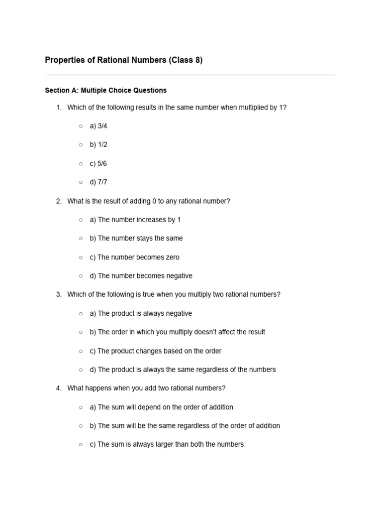 Properties of Rational Numbers (Class 8) Gear - Up | PDF | Multiplication