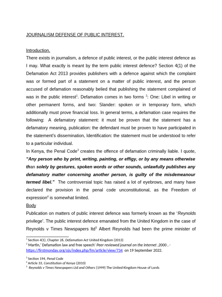 Journalism Defense of Public Interest | PDF | Defamation | Justice