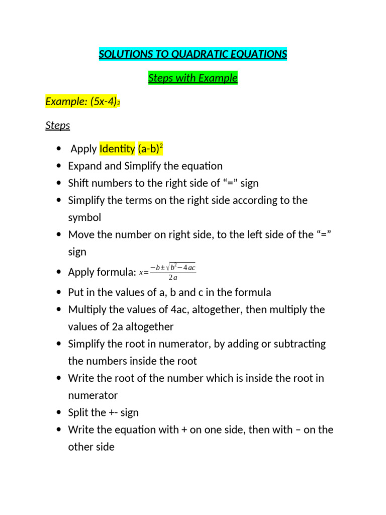 Solutions To Quadratic Equations (Steps) | PDF