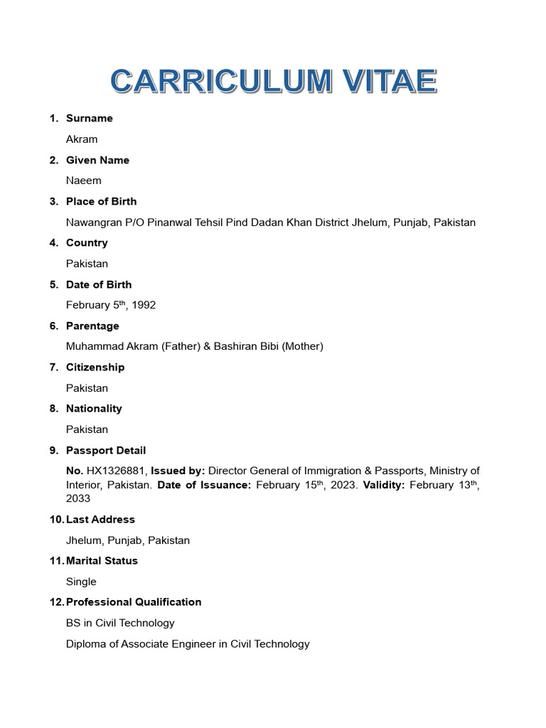 Naeem Akram's Civil Engineer CV | PDF