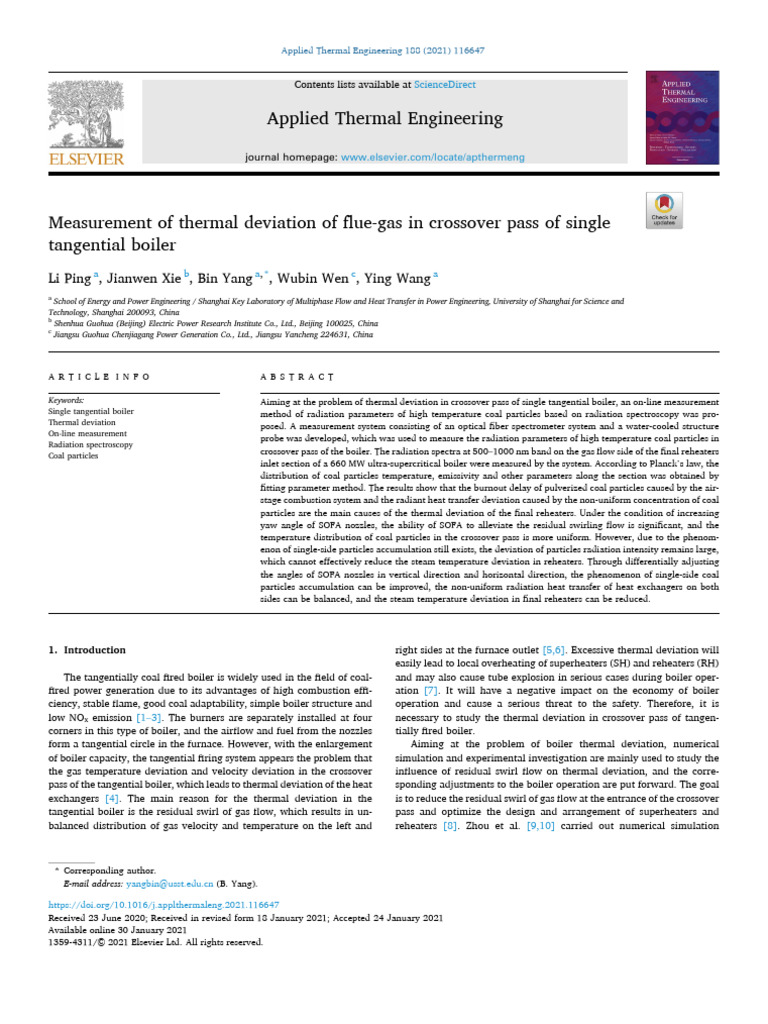 Measurement of Thermal Deviation of Flue-Gas in Crossover Pass of Single Tangential Boiler | PDF ...