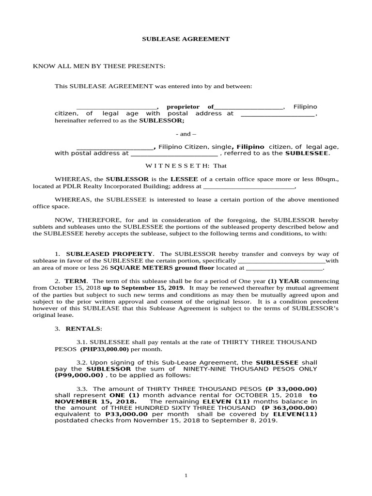 Sublease Agreement for Office Space | PDF | Lease | Private Law