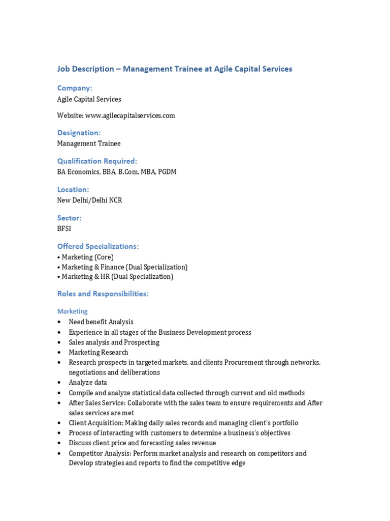 Agile Capital Services Job Description | PDF | Marketing | Sales
