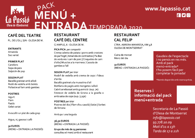 Pack Menu I Entrada 2020 Passio Olesa | PDF