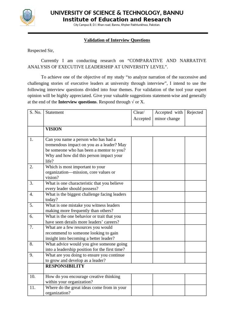 Validating Executive Leadership Interview Questions | PDF | Leadership ...