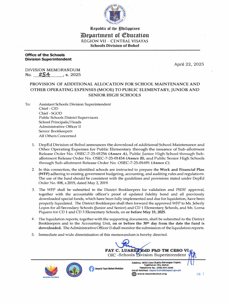 DM No. 254 S. 2025 Additional MOOE | PDF