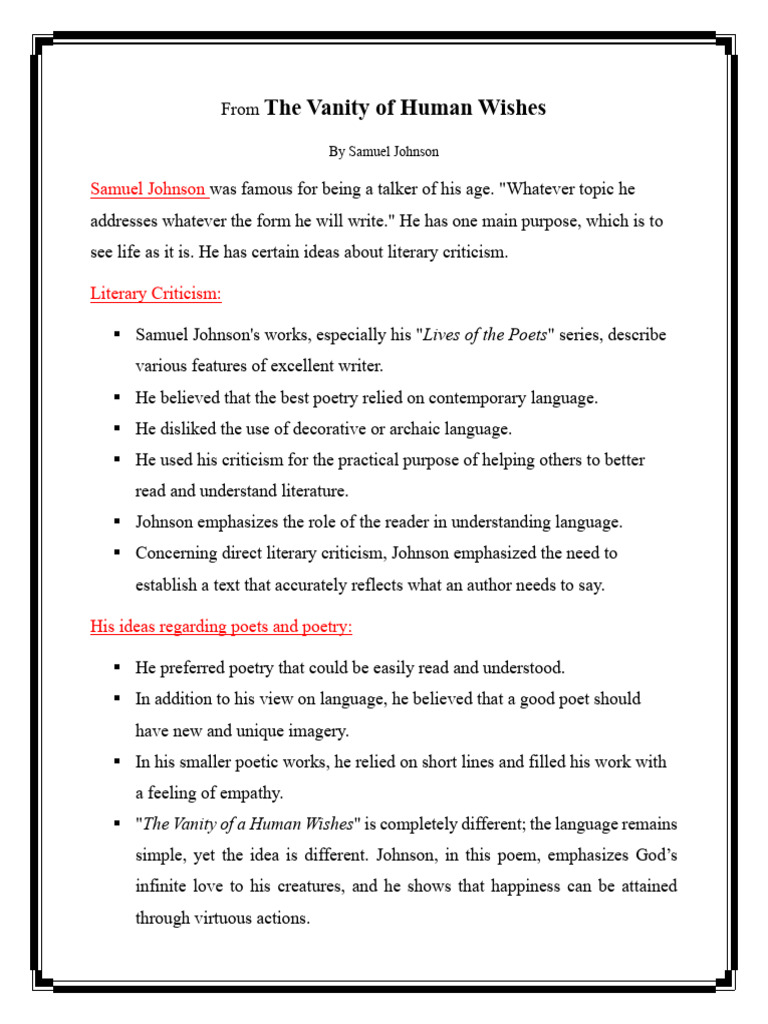 The Vanity of Human Wishes-1 | PDF | Samuel Johnson | Poetry