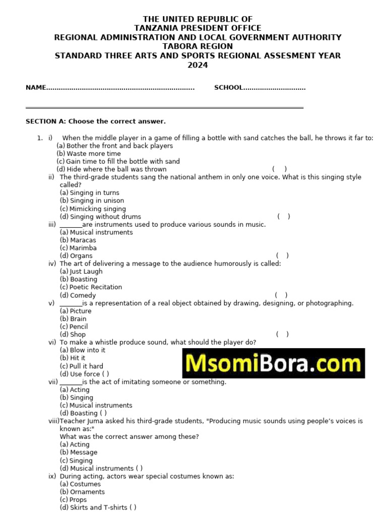 Tabora Assessment STD (DRS) 3 2024 | PDF | Eye | Lake