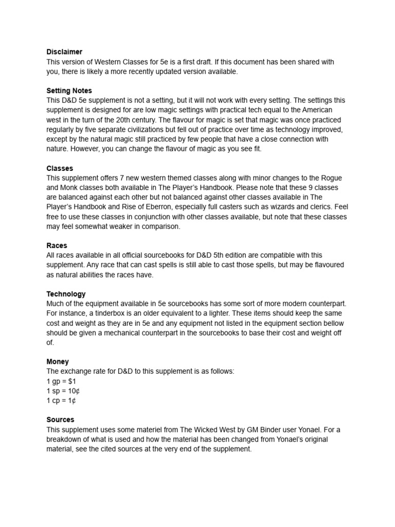 Western Classes Concept For 5e | PDF | Firearms