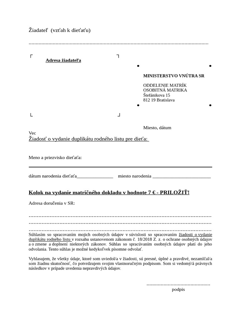 Ziadost Duplikat RL | PDF