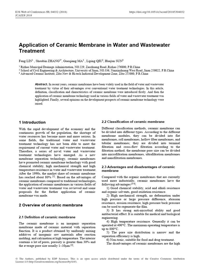 Ceramic Membranes in Water Treatment | PDF | Membrane | Ceramics