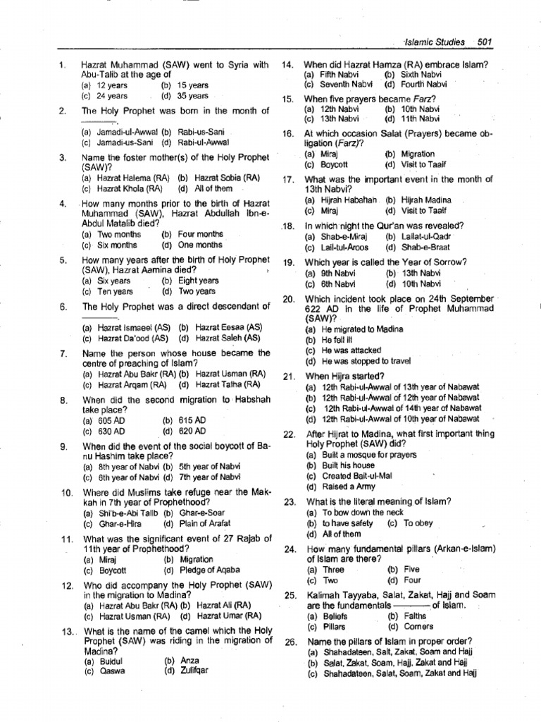 Islamiat MCQZ Carvan | PDF