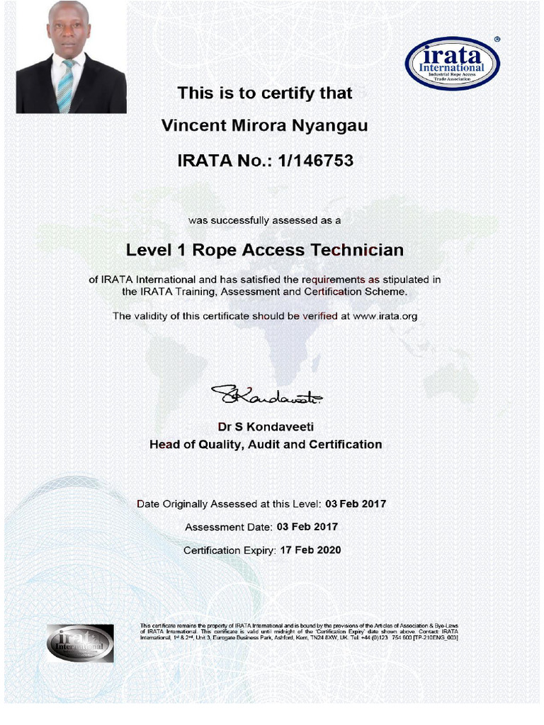 Vincent Mirora Nyangau_Rope Access_Level 1 | PDF