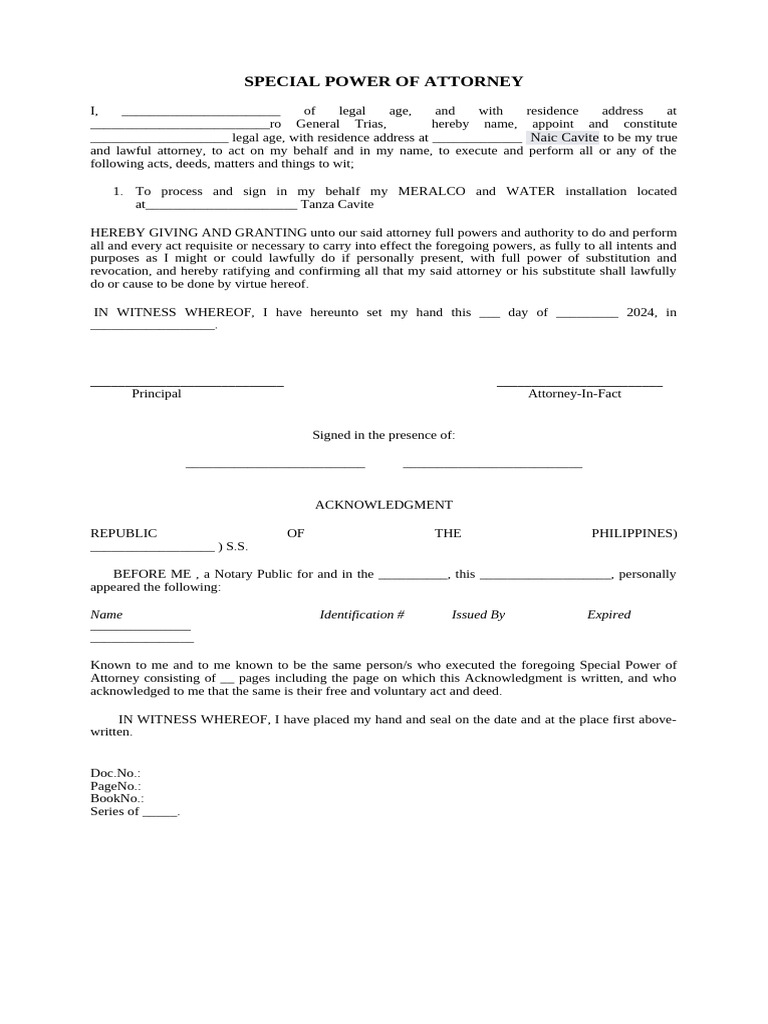 Special Power of Attorney for Meralco | PDF