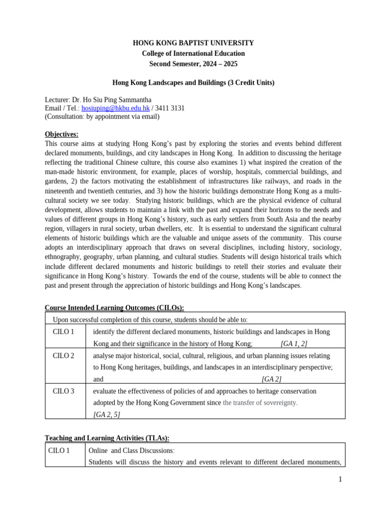 FCHC1503 Course Outline - Sem 2 - 2024 - 25 | PDF | Hong Kong | Landscape