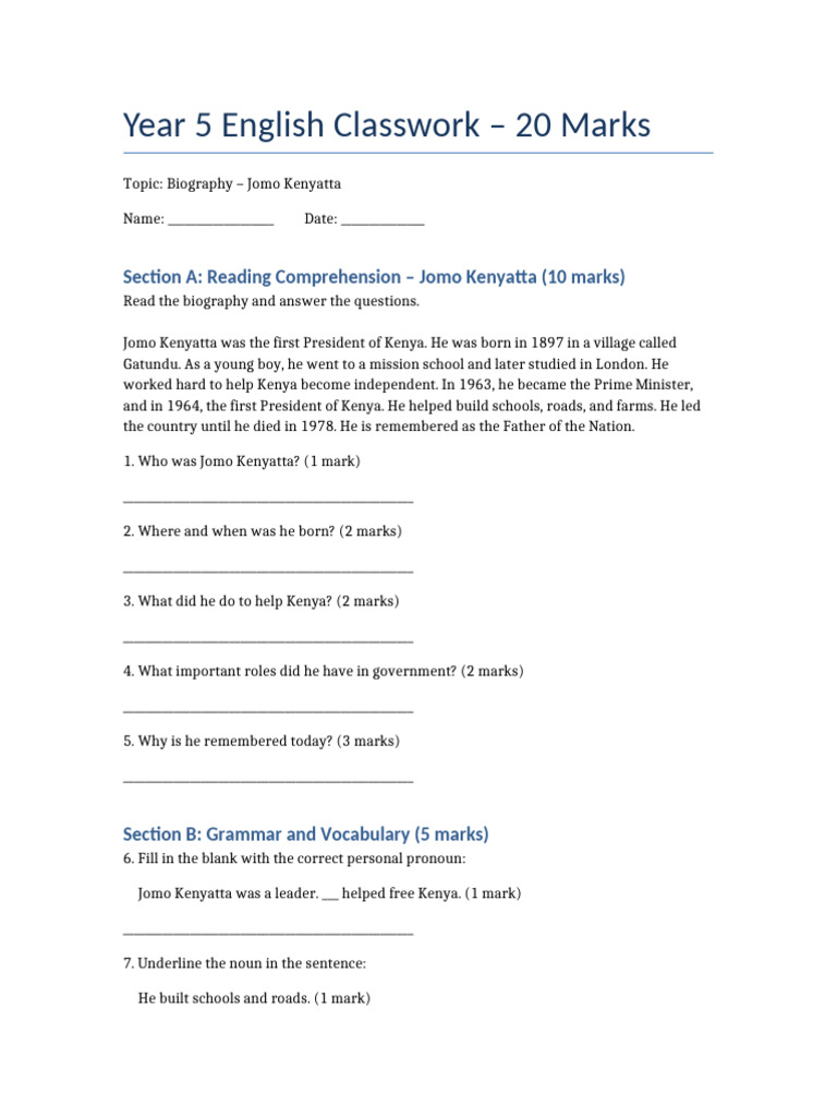 Year5 Biography JomoKenyatta Classwork | PDF