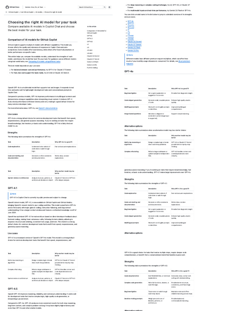 Choosing The Right AI Model For Your Task - GitHub Docs | PDF | Software Engineering | Computing