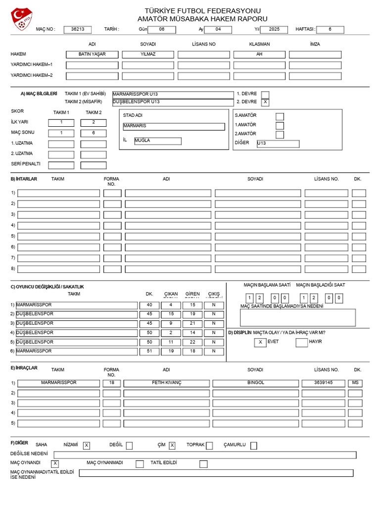 1 Hakem Raporu Marmari̇sspor U13 - Düşbelenspor U13 | PDF
