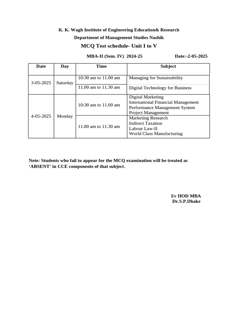 MBA-II MCQ Test Schedule - Unit To V Time Table - May 2025 | PDF