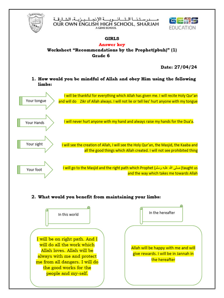 Grade 6 - Islamic - Answerkey - Worksheet - 1 Unit 1-L2-The ...