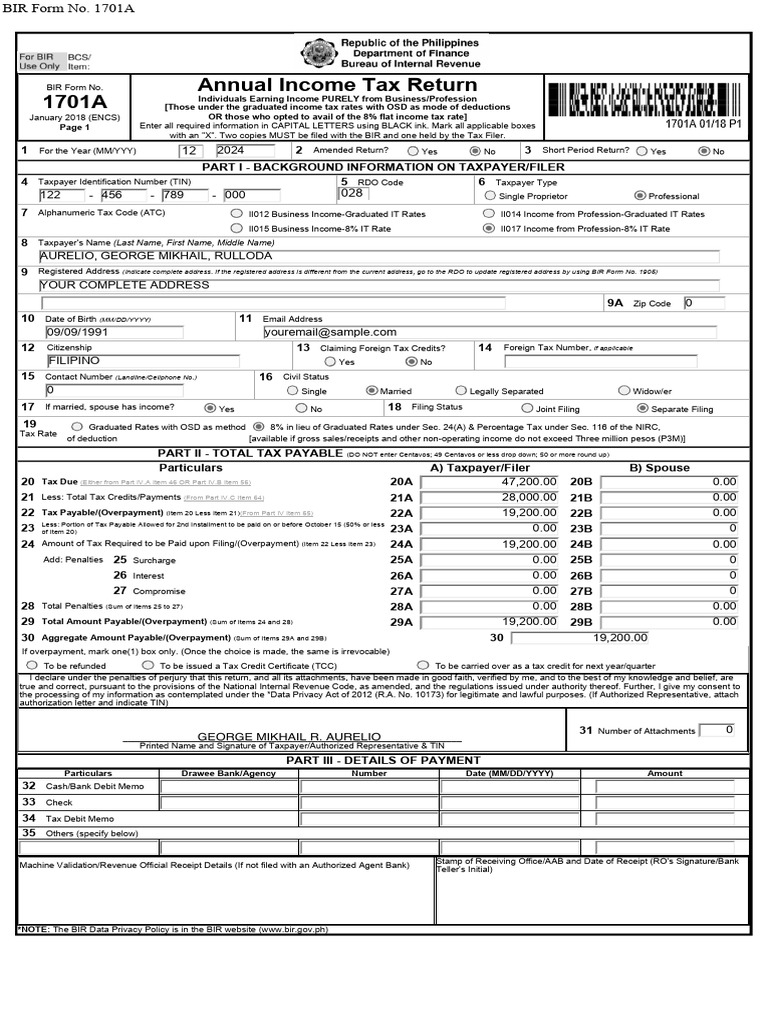 BIR Form 1701A: Annual Income Tax Return | PDF | Taxes | Revenue