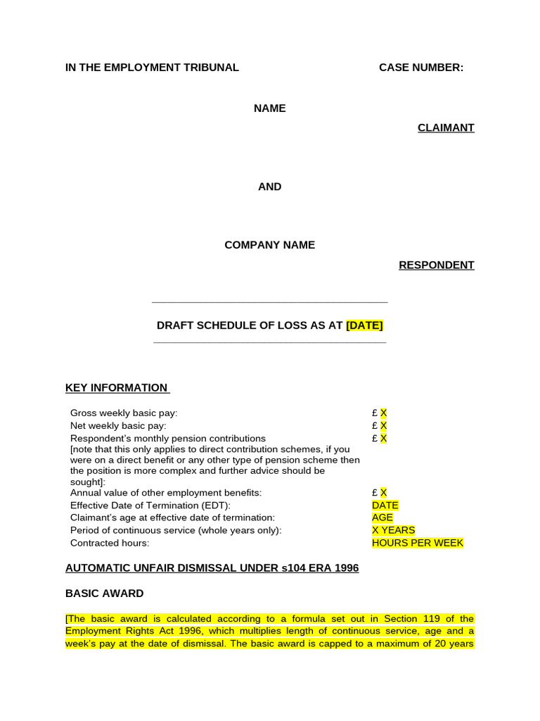 Template Schedule of Loss (Draft) | PDF | Damages | Employment