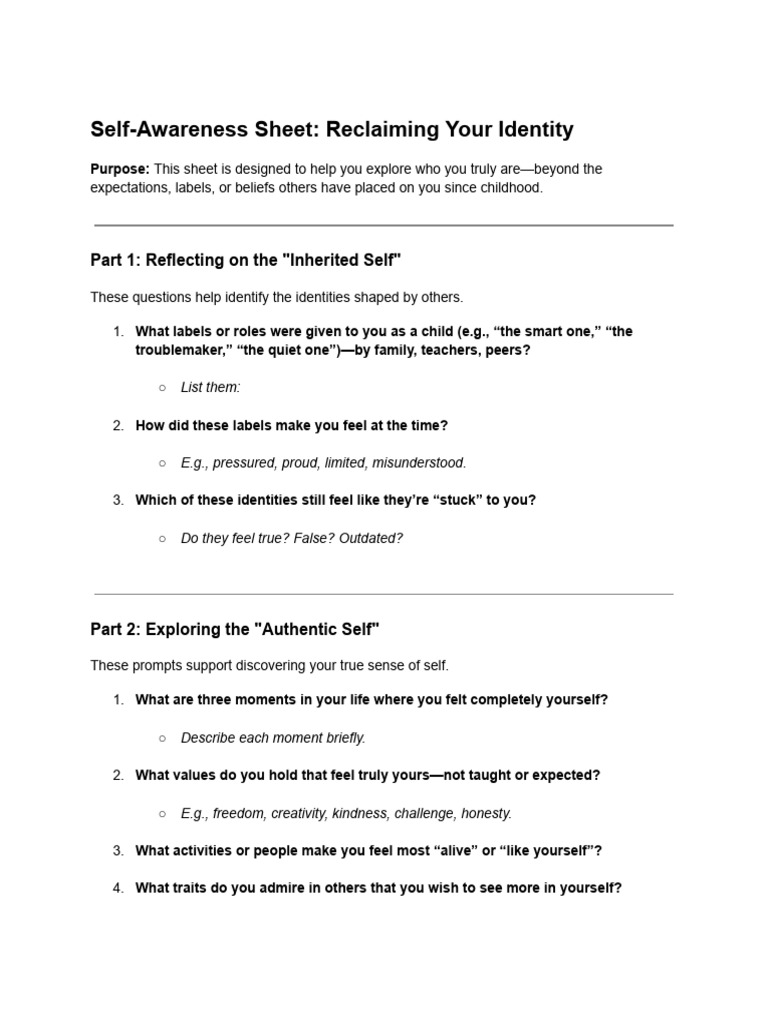 Self-Awareness Sheet - Reclaiming Your Identity | PDF