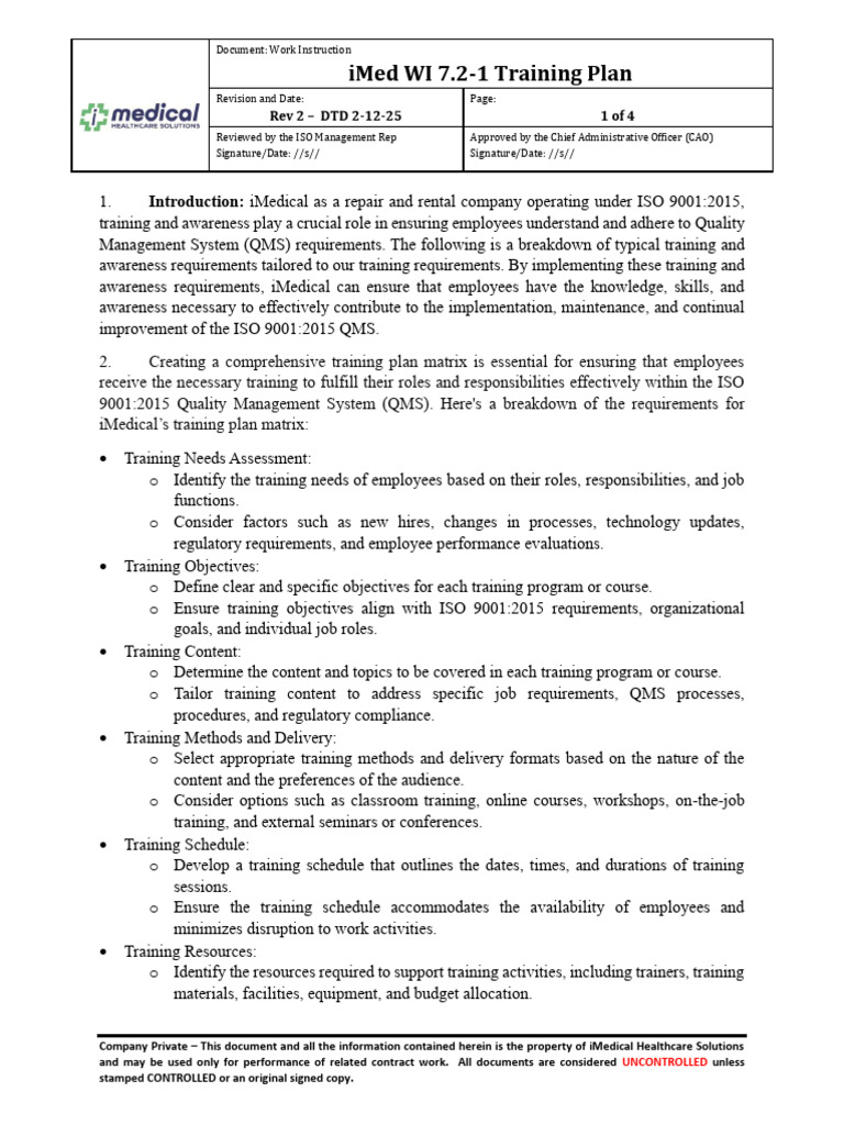 Imed WI 7.2-1 Training Plan Matrix Rev 1-Rev - 2 | PDF | Quality Management System | Regulatory ...