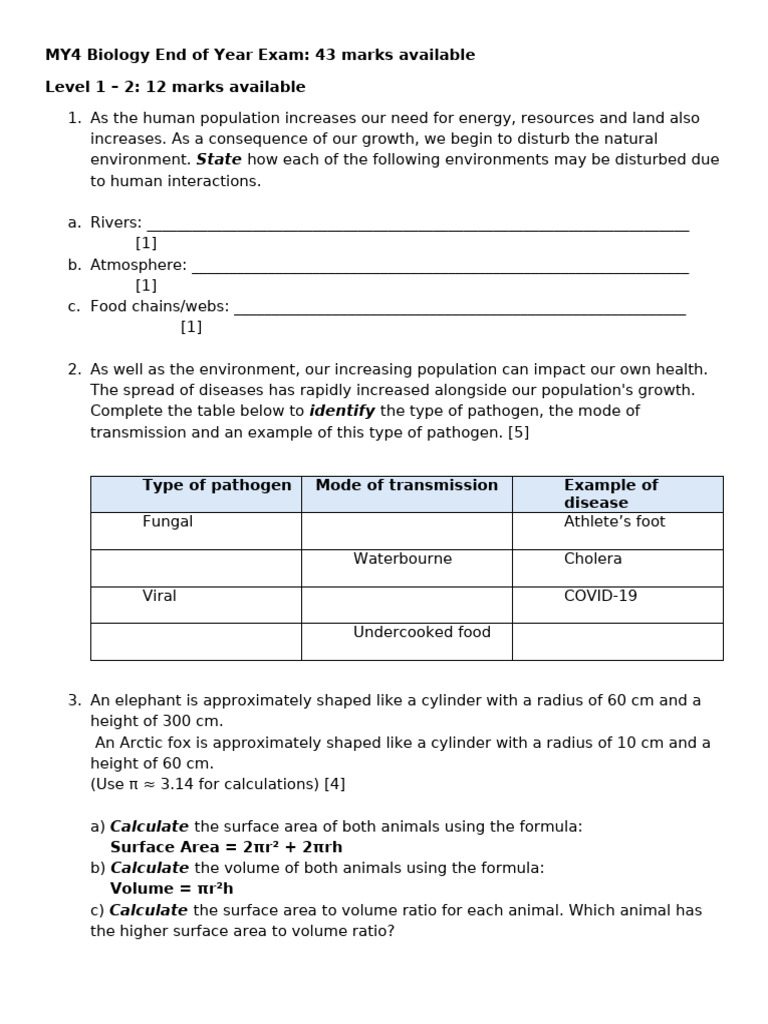 MY4 Biology End of Year Exam | PDF | Biology | Microbiology