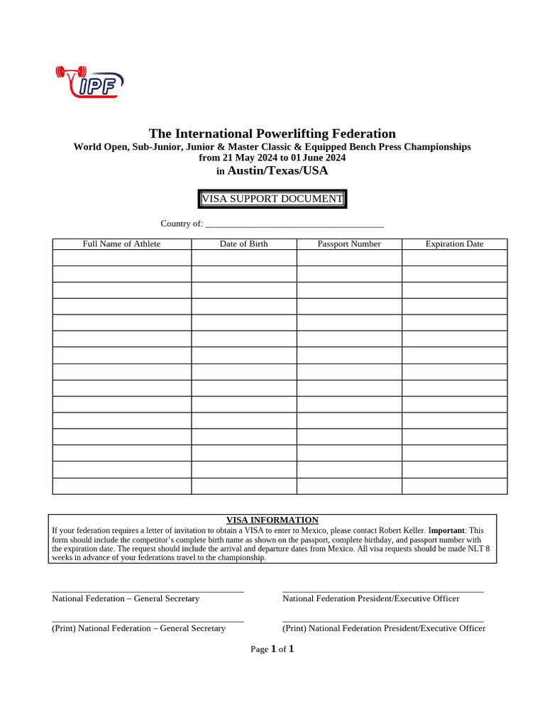 2024 IPF World Bench Press Championships Visa Form | PDF