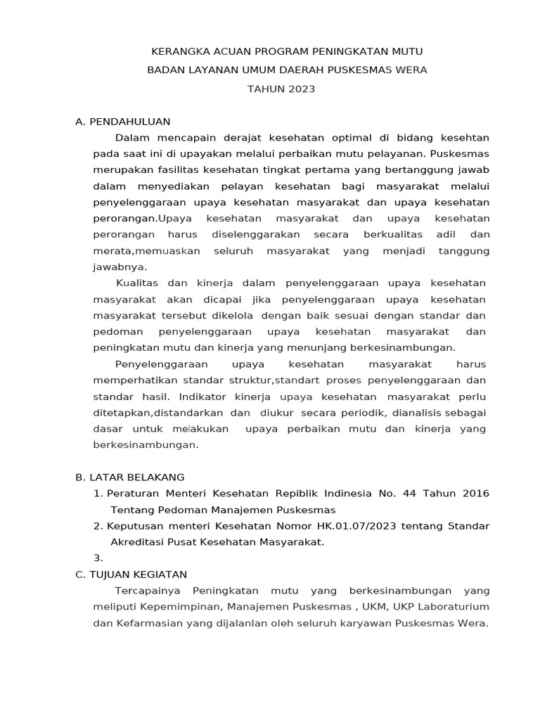 KAK PROGRAM PENINGKATAN MUTU PUSKESMAS | PDF