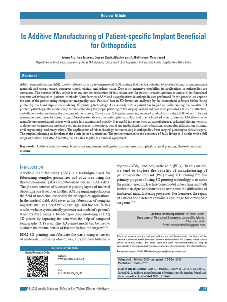 Additive Manufacturing in Orthopedics | PDF | 3 D Printing | Tissue ...