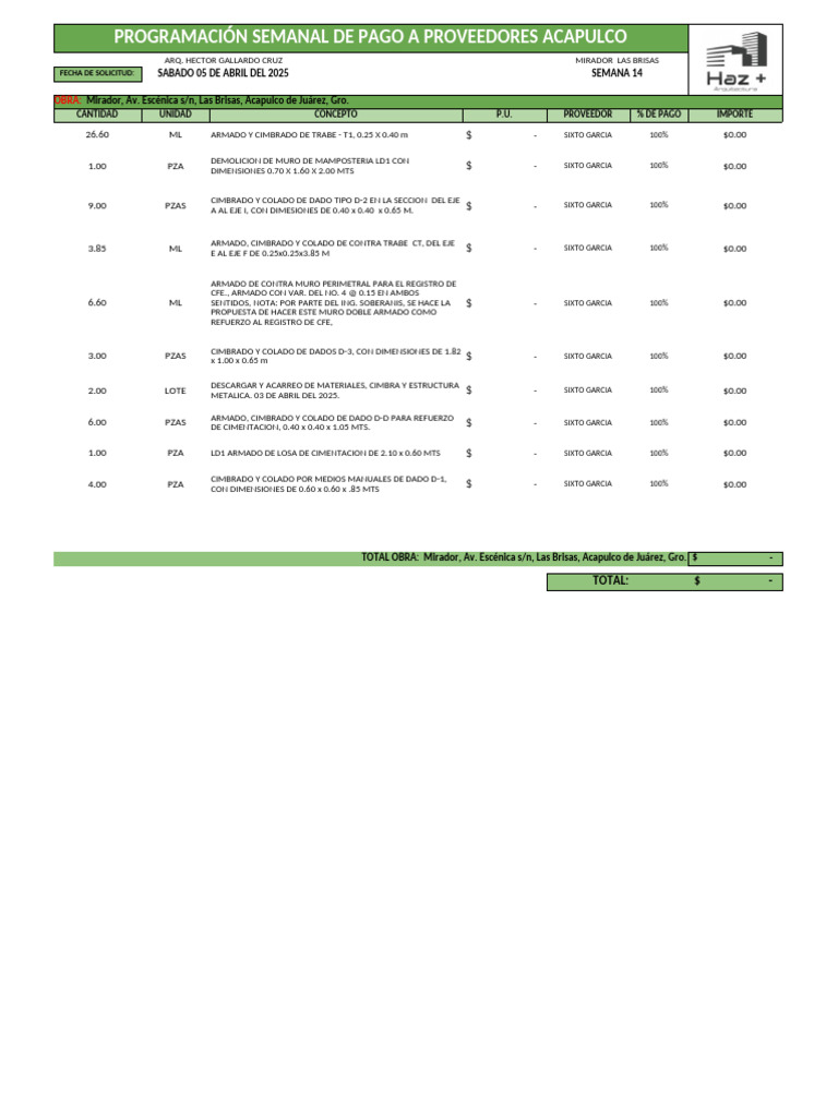 Formato de Destajo y Proveedores Hec Semana 14 - 104401 | PDF | Albañilería
