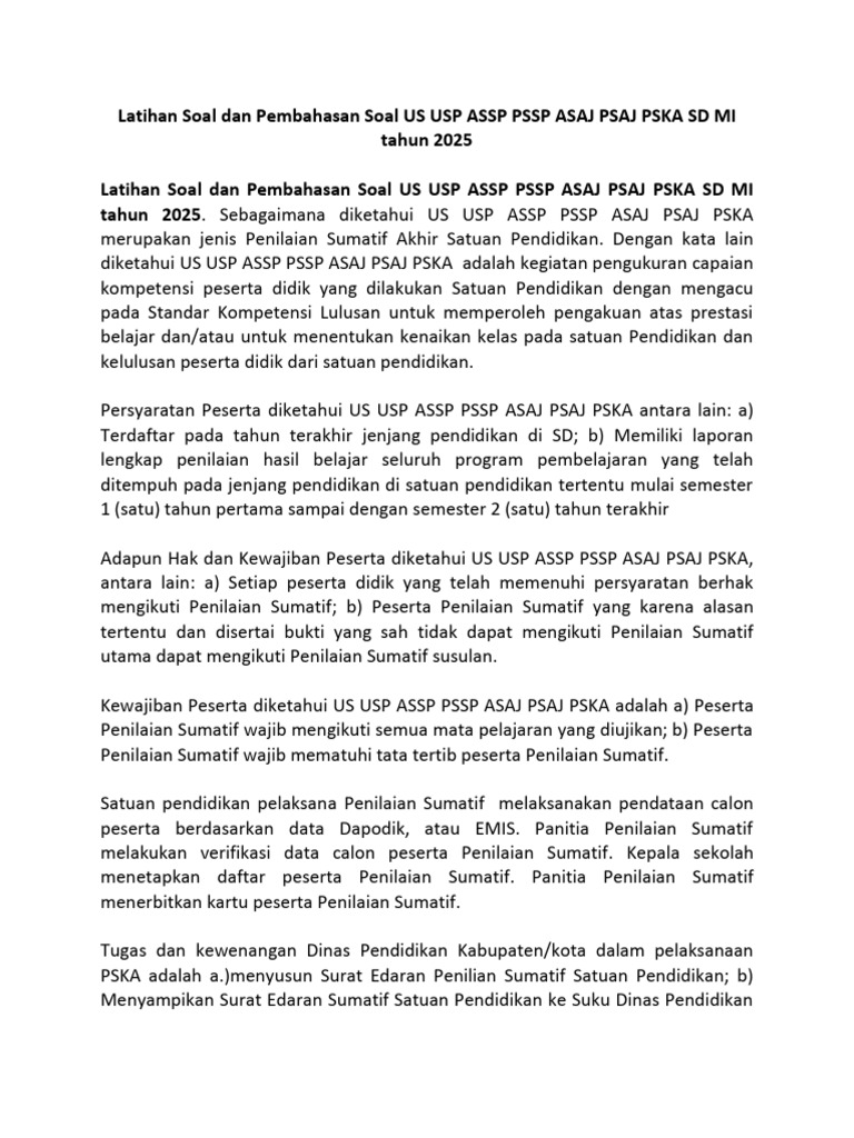 Soal Us Usp Assp Pssp Asaj Psaj Pska Sd Mi Tahun 2025 Dan Pembahasan | PDF